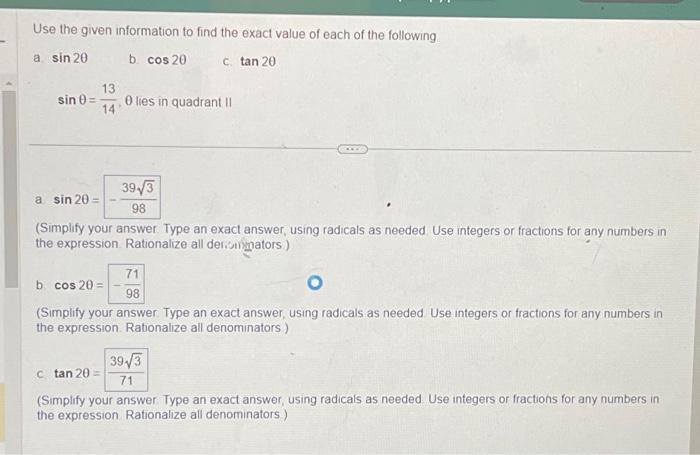 Solved Use the given information to find the exact value of | Chegg.com