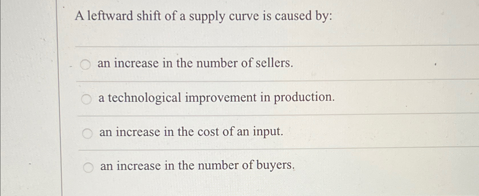 Solved A leftward shift of a supply curve is caused by:an | Chegg.com