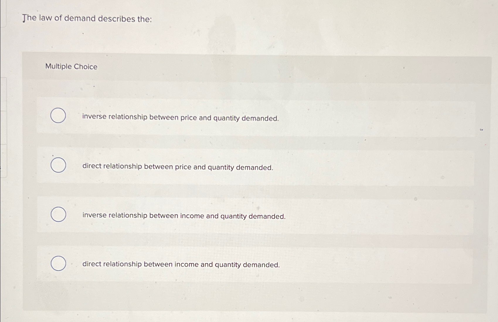 Solved The law of demand describes the:Multiple | Chegg.com