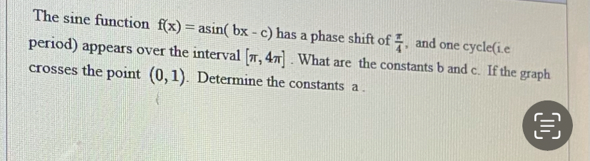 Solved The sine function f(x)=asin(bx-c) ﻿has a phase shift | Chegg.com