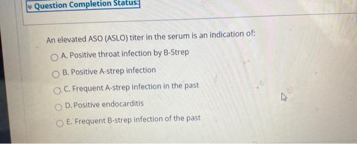 Solved Question Completion Status: An elevated ASO (ASLO) | Chegg.com