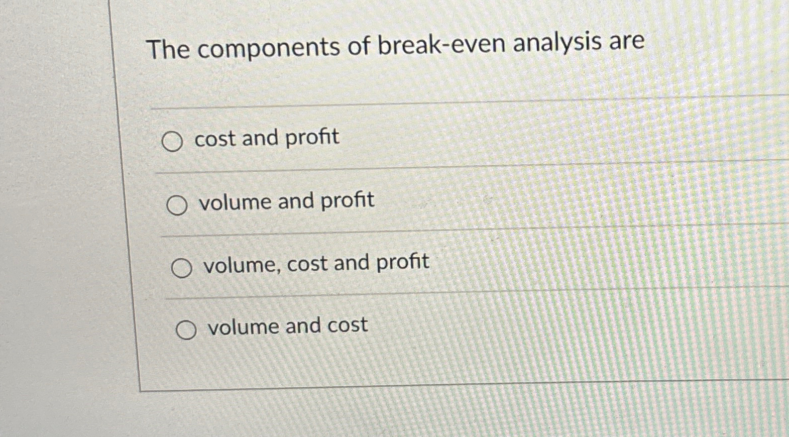 Solved The components of break-even analysis arecost and | Chegg.com