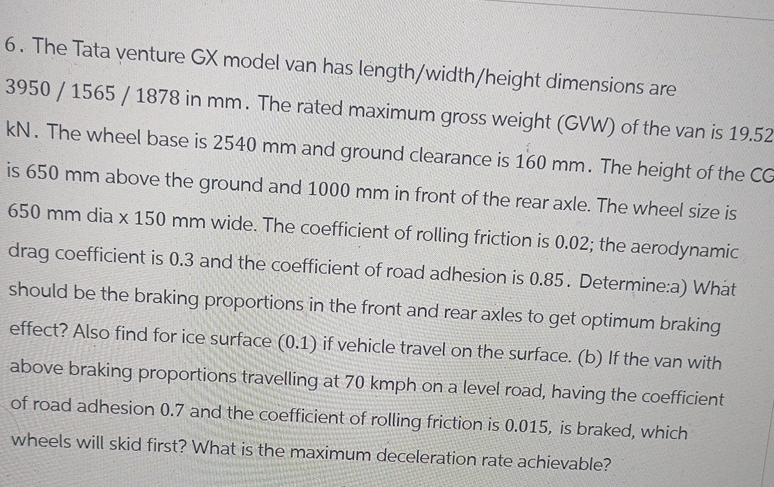 Solved The Tata venture GX model van has length/width/height | Chegg.com