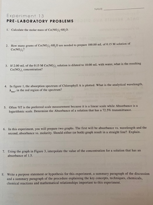 Solved NAME Experiment 13 PRE-LABORATORY PROBLEMS 1. | Chegg.com