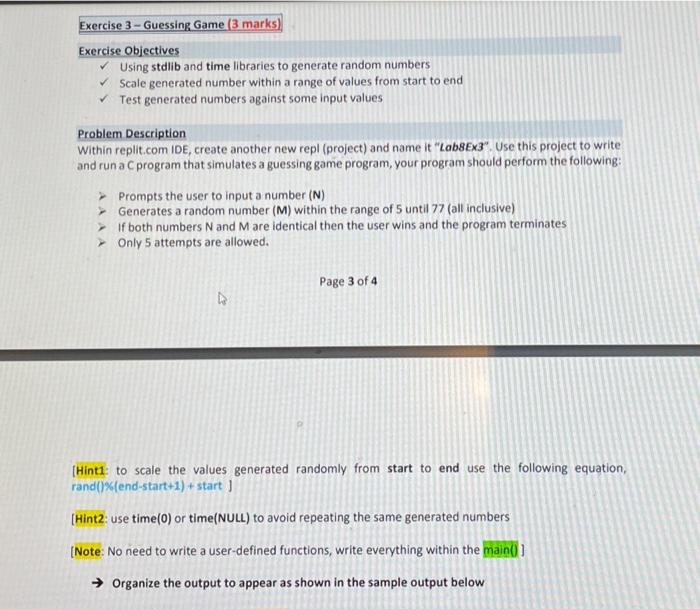 Solved Exercise 3 - Guessing Game (3 marks) Exercise | Chegg.com