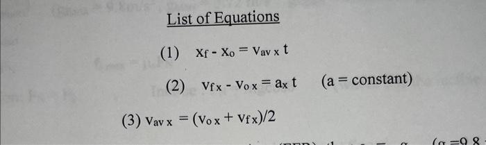 List of Equations (1) xf−xo=vavxt (2) vfx−vox=axt(a= | Chegg.com