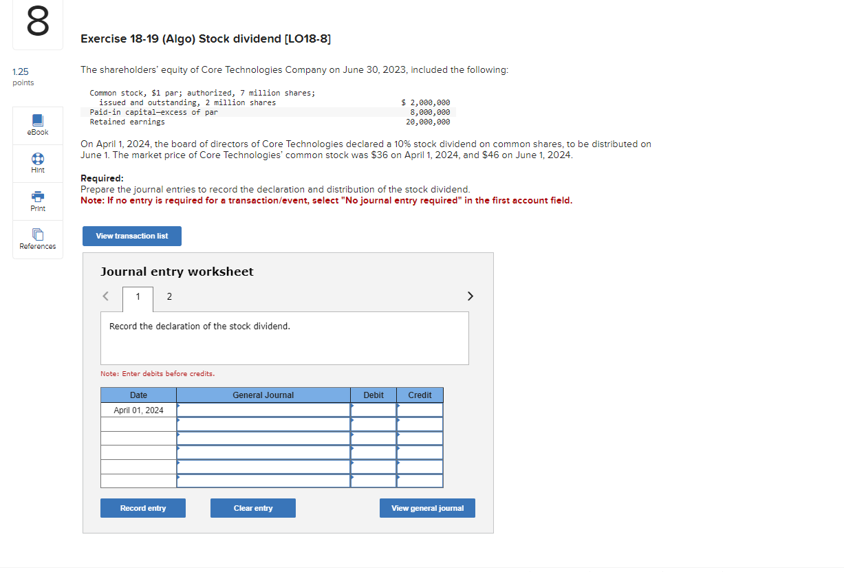 Solved Exercise 18-19 (Algo) ﻿Stock dividend [LO18-8]The | Chegg.com