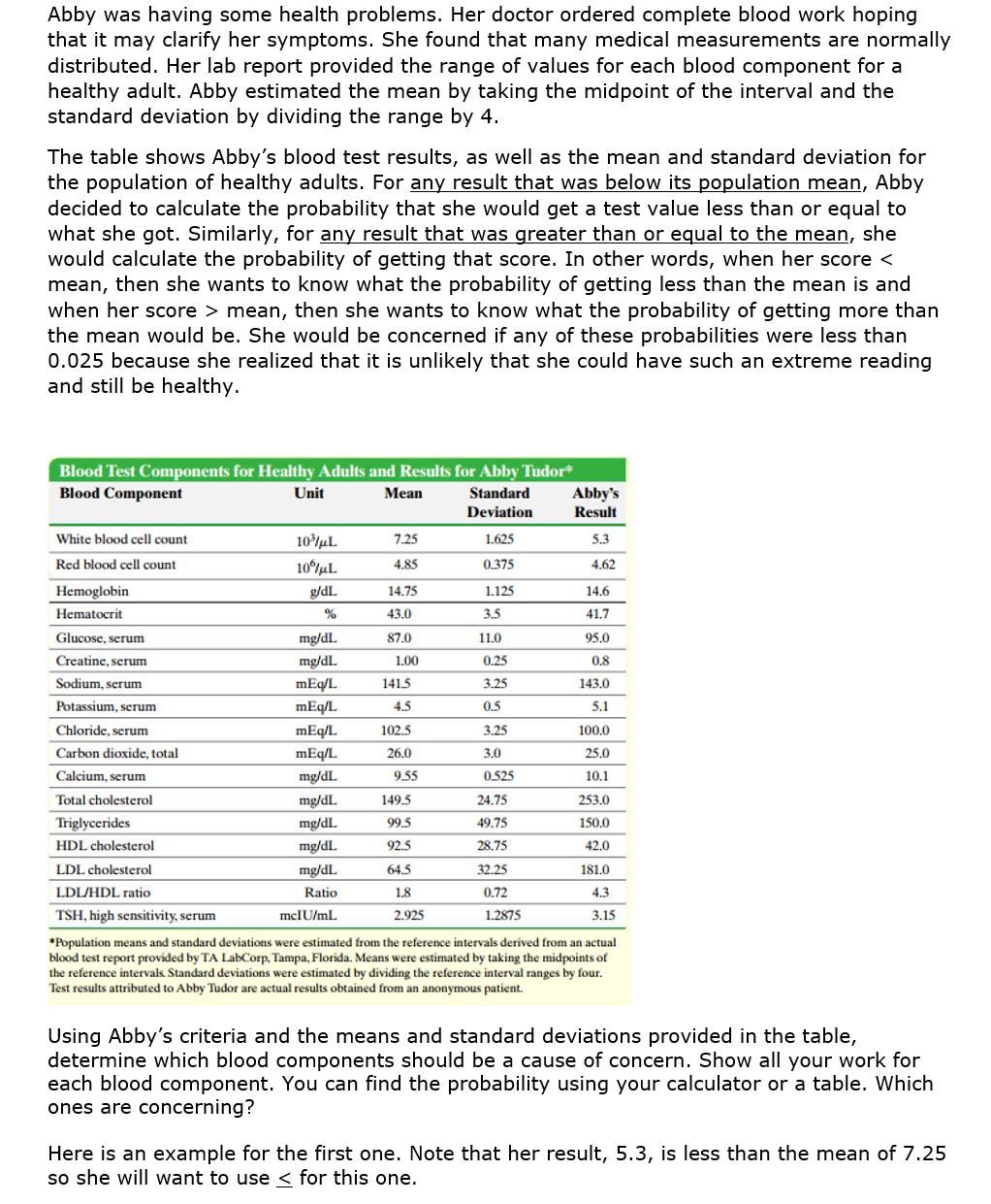 Solved Using Abby's criteria and the means and standard | Chegg.com