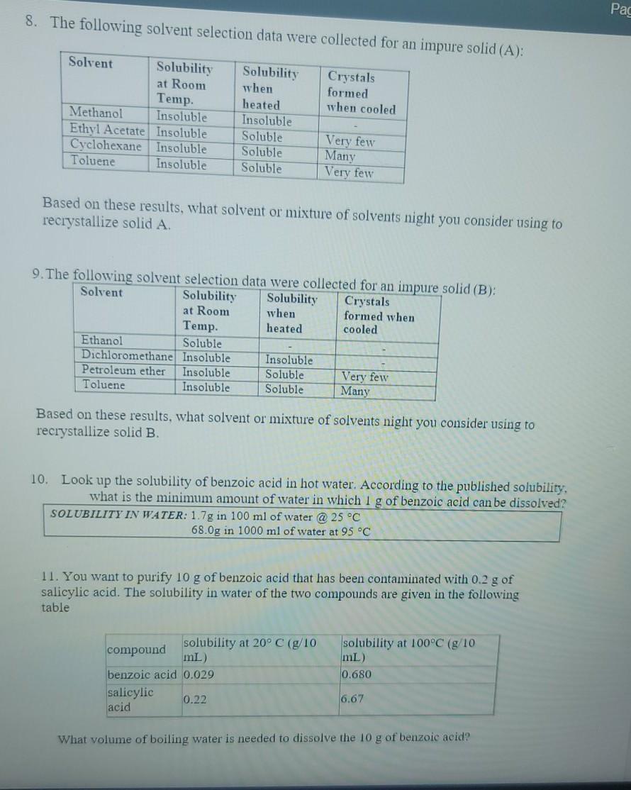 Solved Рас 8. The following solvent selection data were | Chegg.com