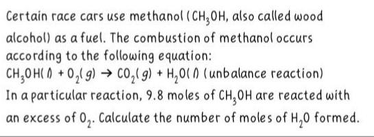 Solved Certain race cars use methanol ( CH3OH, also called | Chegg.com