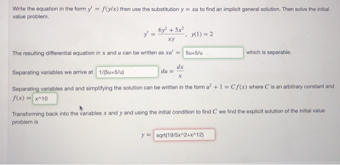 Solved Write the equation in the form y = f(y/x) then use | Chegg.com