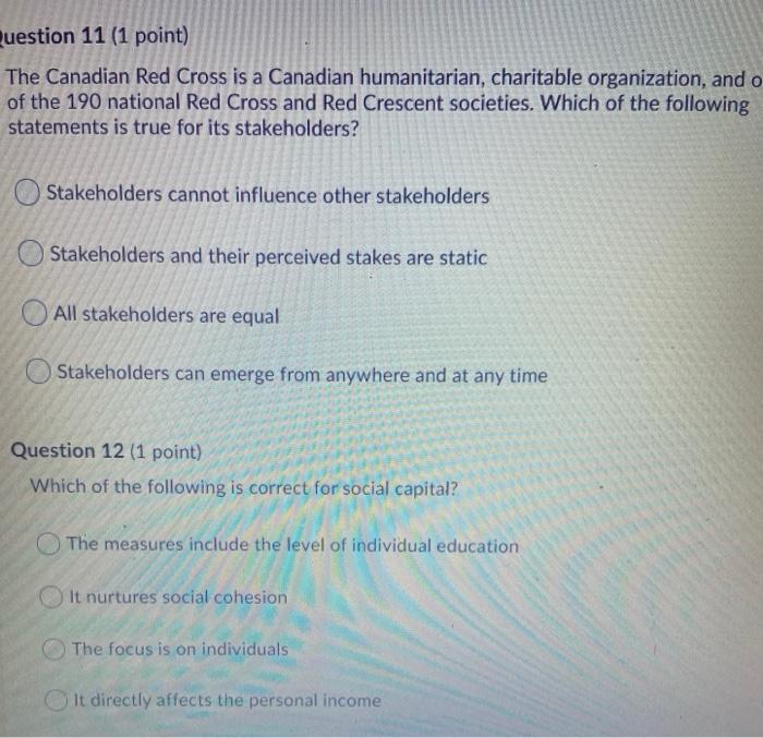 Solved Question 11 (1 point) The Canadian Red Cross is a | Chegg.com