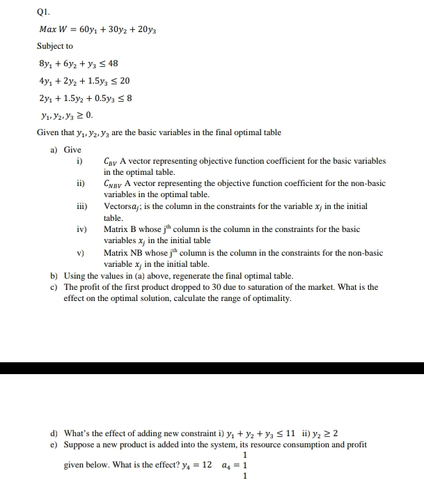 Solved Q1.MaxW=60y1+30y2+20y3Subject | Chegg.com