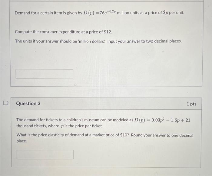 Solved Demand for a certain item is given by D(p)=76e−0.2p | Chegg.com
