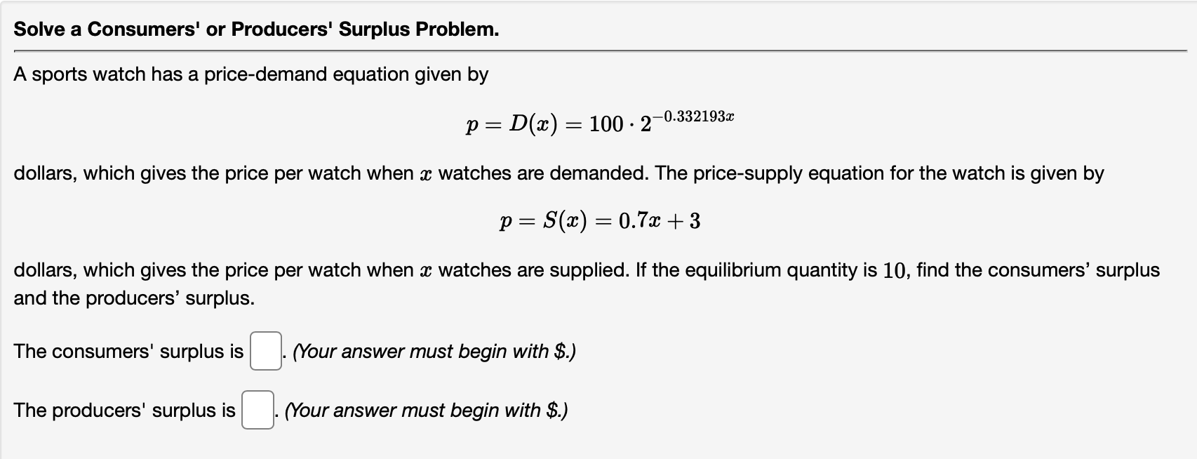 Solved Solve a Consumers' or Producers' Surplus Problem.A | Chegg.com