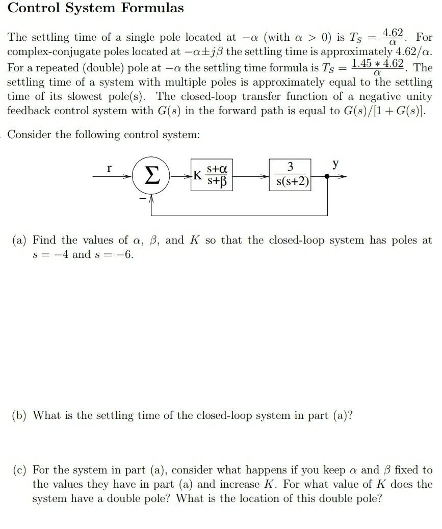 Solved Control System Formulas 4.62 For = a 1.45 * 4.62 a = | Chegg.com