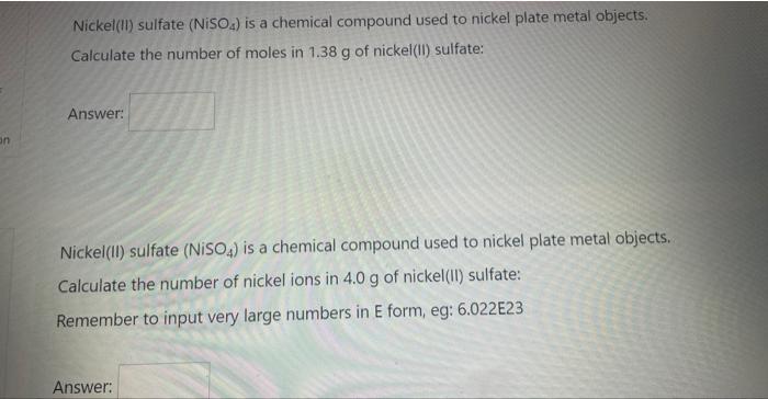 Solved Nickel(II) sulfate (NiSO4) is a chemical compound | Chegg.com