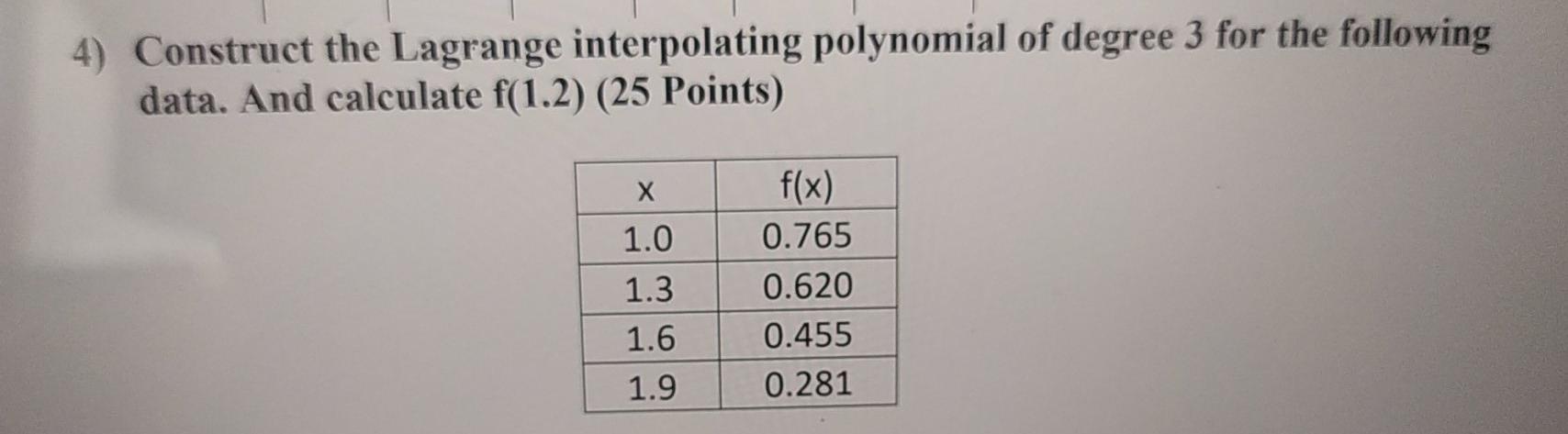 Solved 4) Construct the Lagrange interpolating polynomial of | Chegg.com