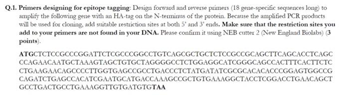 Q.1. Primers designing for epitope tagging: Design | Chegg.com