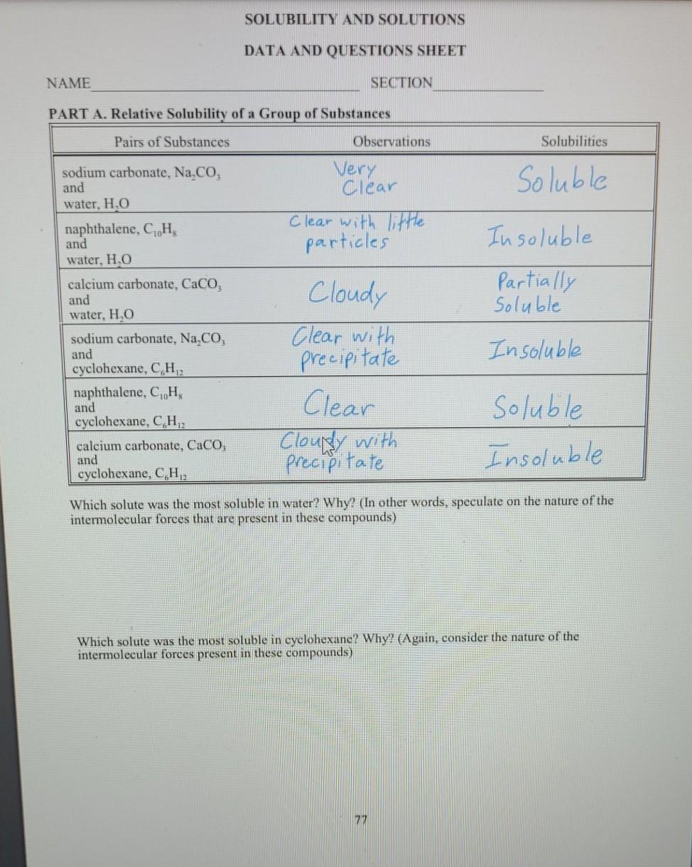 Solved SOLUBILITY AND SOLUTIONS PRE-LAB ASSIGNMENT NAME | Chegg.com
