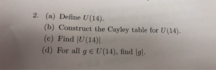 Solved 2. (a) Define U(14). (b) Construct the Cayley table | Chegg.com