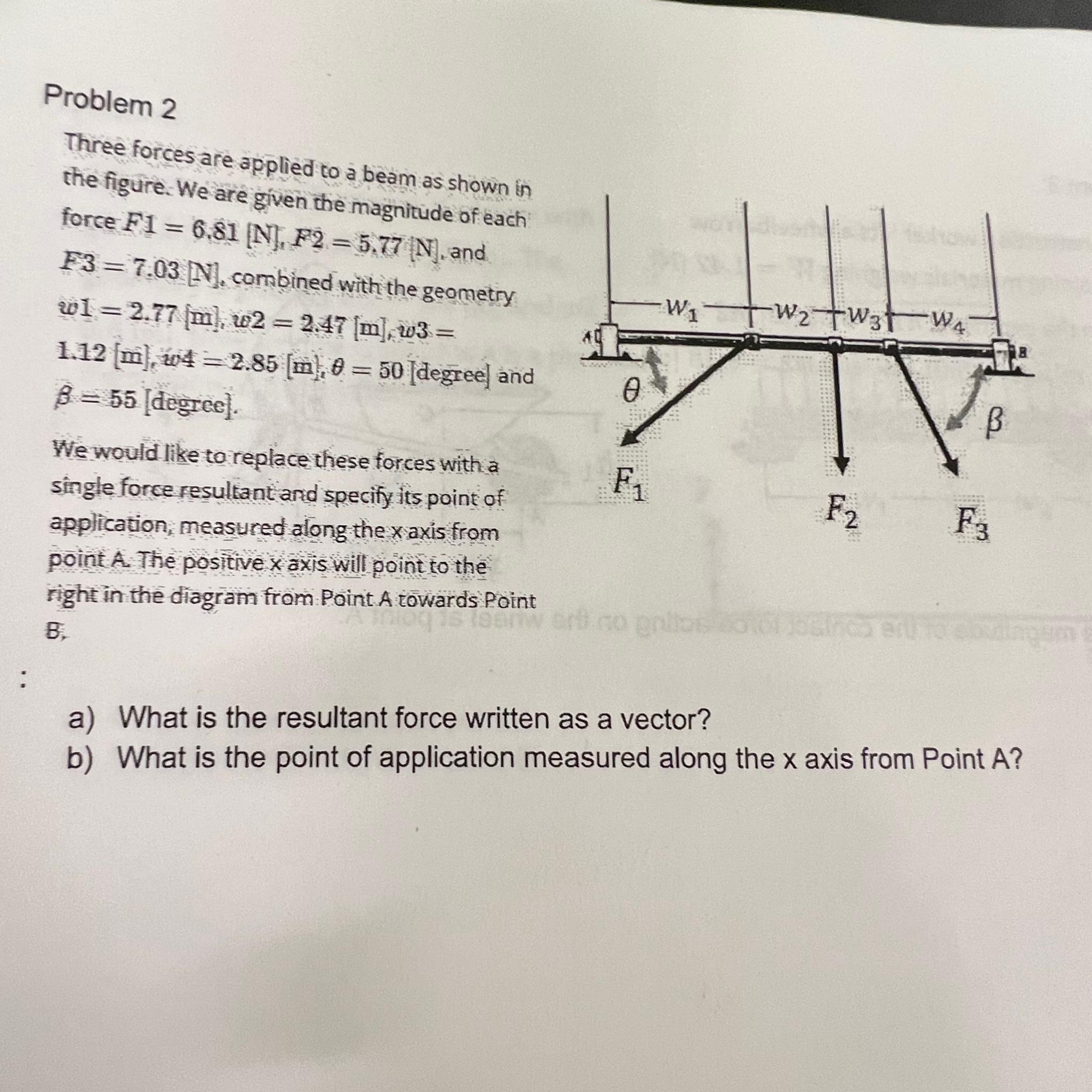 Solved Problem 2Three forces are applied to a beam as shown | Chegg.com