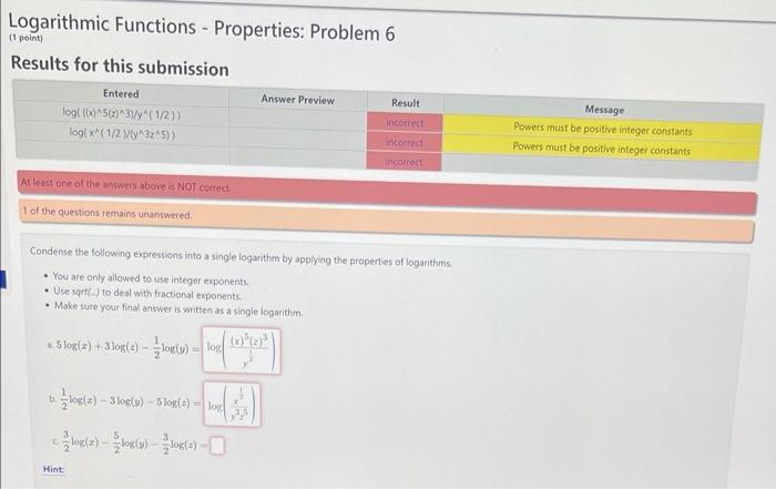 Solved Logarithmic Functions - Properties: Problem 6 Results | Chegg.com