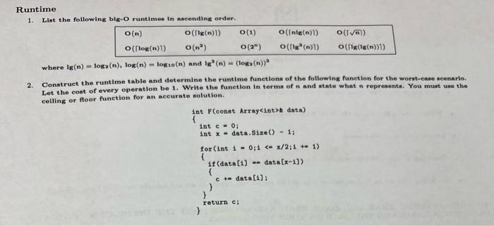 Solved Runtime 1. List the following big-O runtimes In | Chegg.com