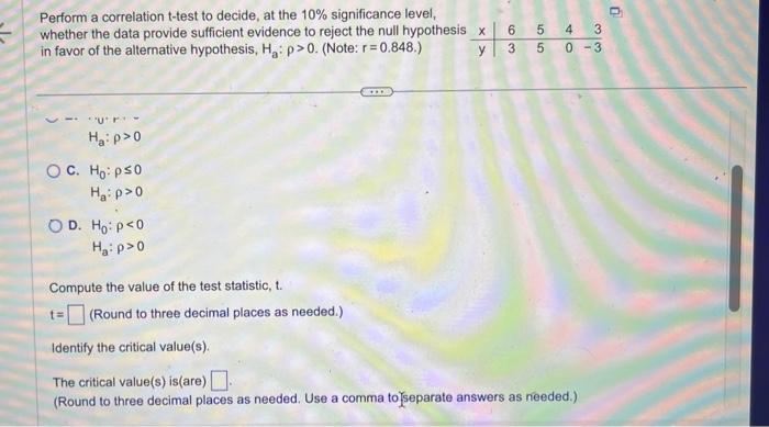 Solved Perform a correlation t-test to decide, at the 10% | Chegg.com