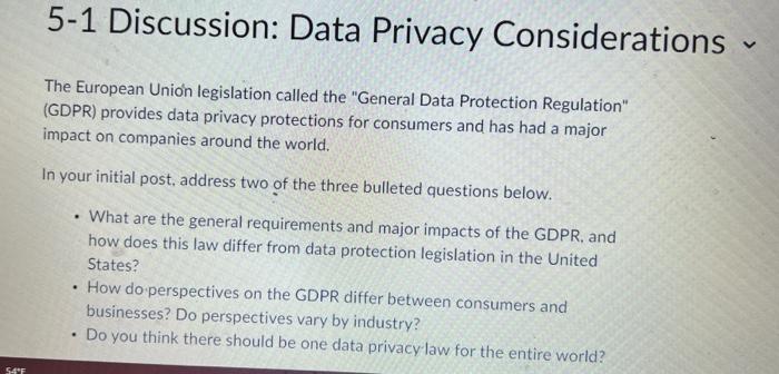 Solved 5-1 Discussion: Data Privacy Consideration The | Chegg.com