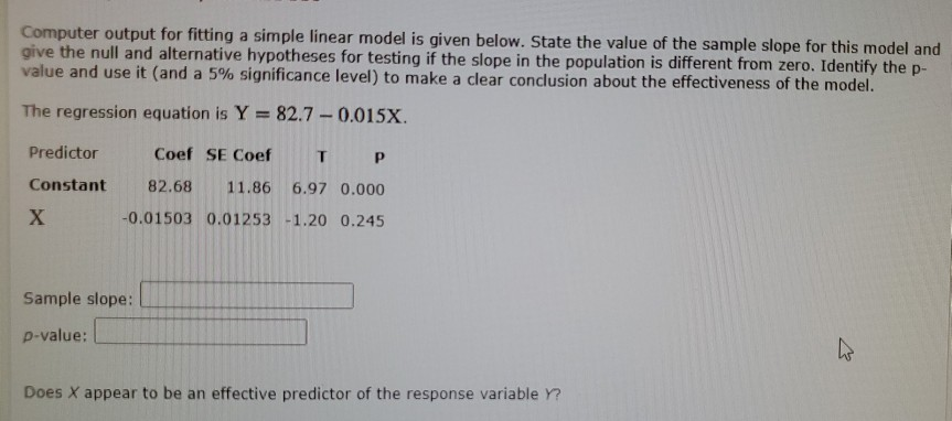 Solved Computer output for fitting a simple linear model is | Chegg.com