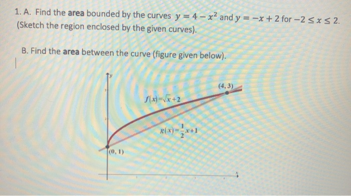 Solved 1. A. Find the area bounded by the curves y = 4 - x2 | Chegg.com