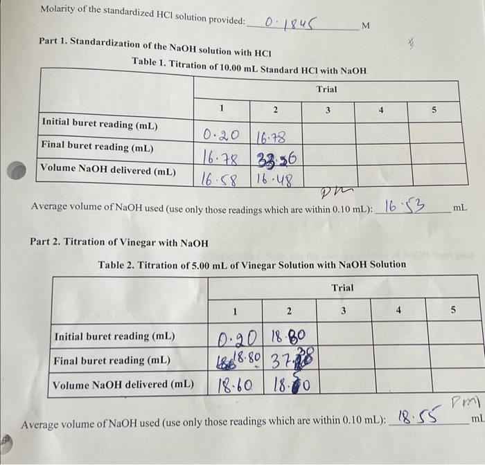 Solved Molarity of the standardized HCl solution provided: | Chegg.com