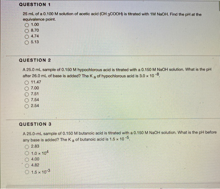 Solved QUESTION 1 25 mL of a 0.100 M solution of acetic acid | Chegg.com
