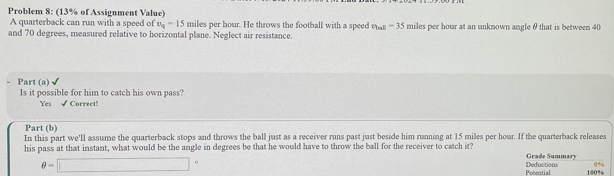Solved Problem 8: ( 13% ﻿of Assignment Value)A quarterback | Chegg.com