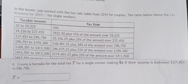 Solved In the lesson, you worked with the tax rate table | Chegg.com