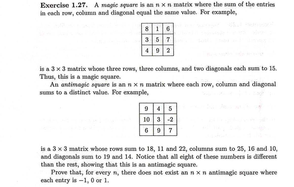 Solved Exercise 1.27. ﻿A magic square is an n×n ﻿matrix | Chegg.com