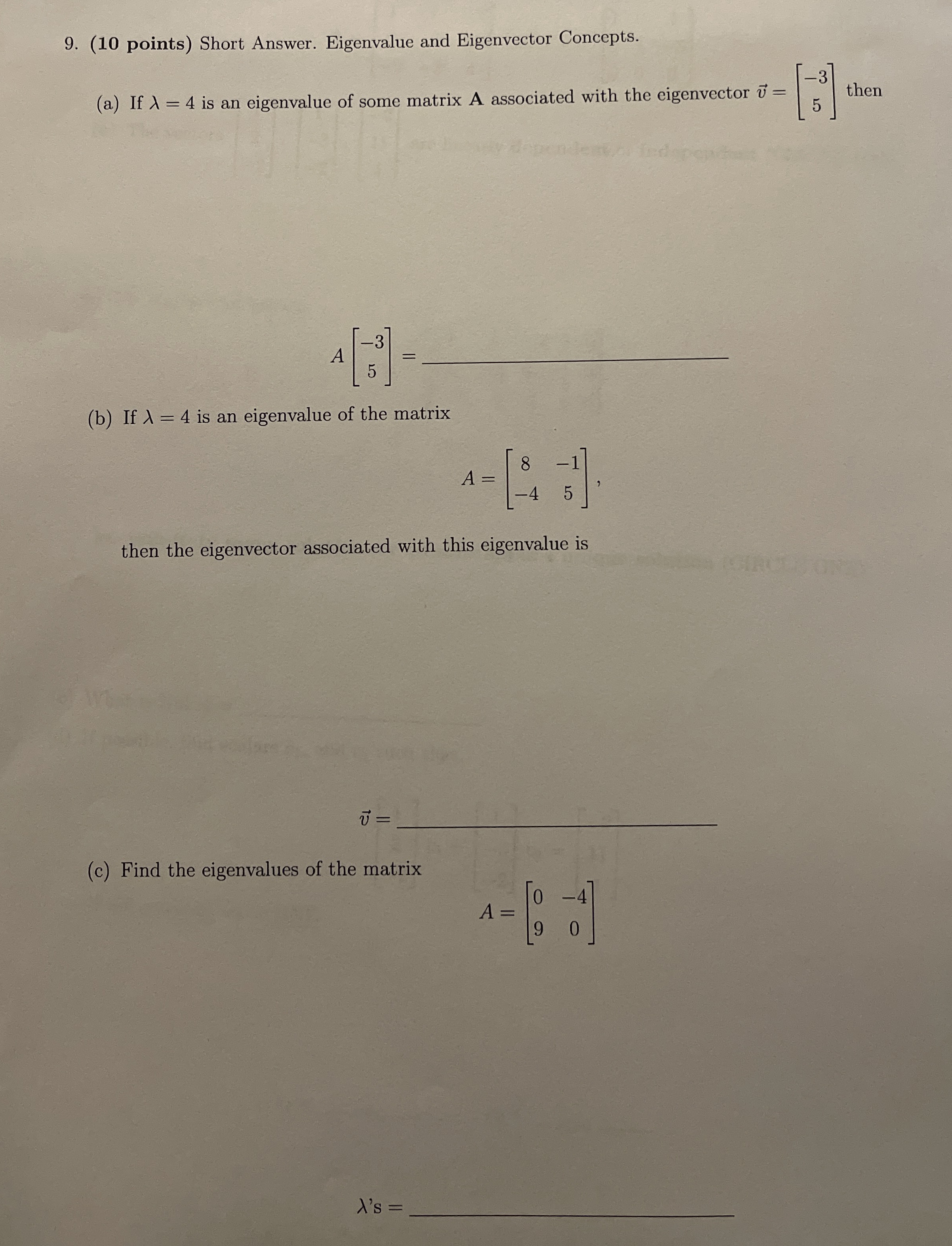 (10 ﻿points) ﻿Short Answer. Eigenvalue and | Chegg.com
