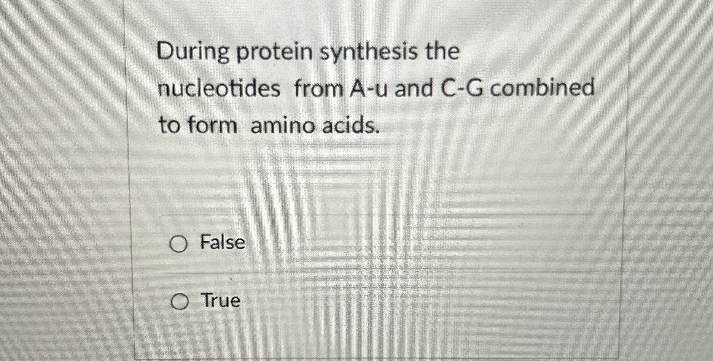 Solved During protein synthesis the nucleotides from A-u and | Chegg.com