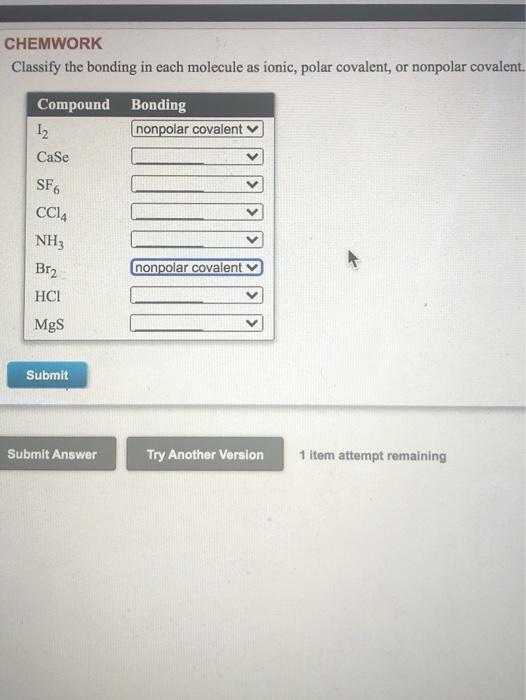Solved CHEMWORK Classify the bonding in each molecule as | Chegg.com
