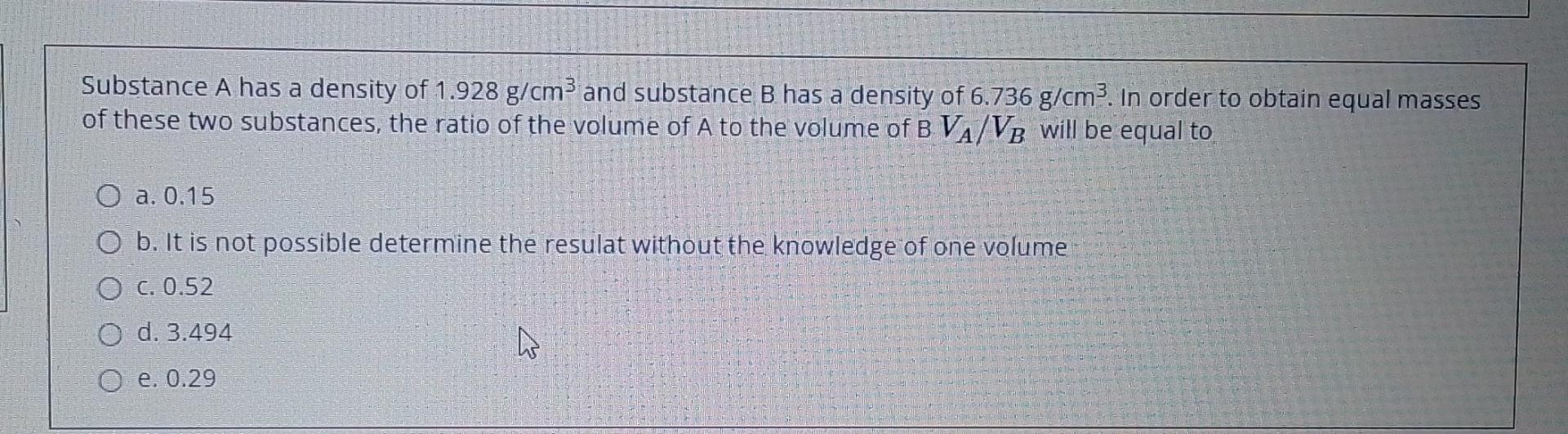 Solved Substance A has a density of 1.928 g/cm³ and | Chegg.com