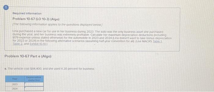 Solved Required Informotion Problem 10-67 (LO 10-3) (Algo) | Chegg.com