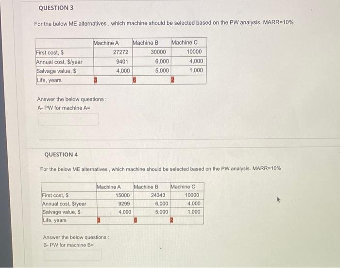 Solved For the below ME alternatives, which machine should | Chegg.com