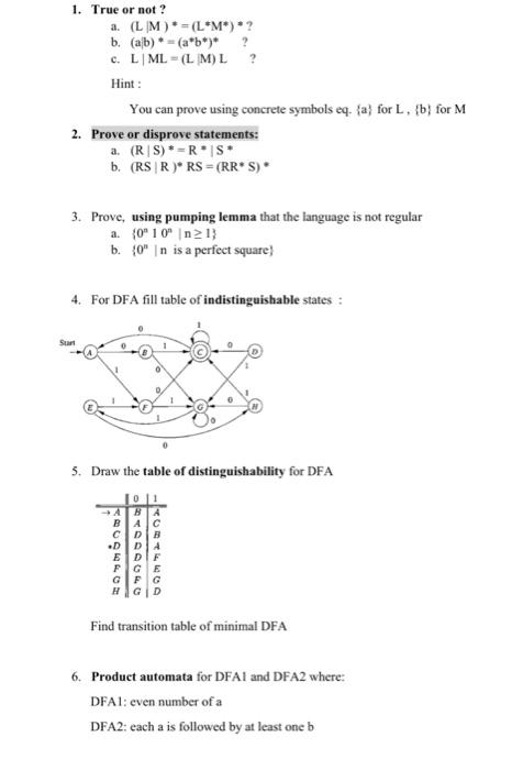 1. True or not? a. (L∣M)∗=(L∗M∗)∗ ? b. (ab)∗=(a∗b∗)∗ | Chegg.com