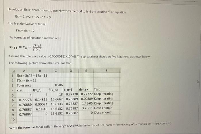 Solved Develop an Excel spreadsheet to use Newton's method | Chegg.com