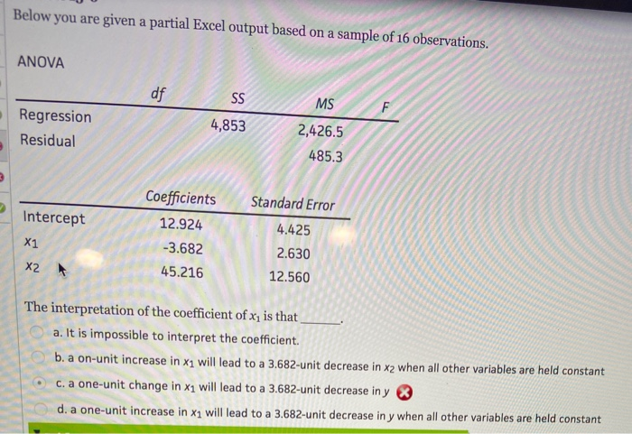 Solved Below you are given a partial Excel output based on a | Chegg.com