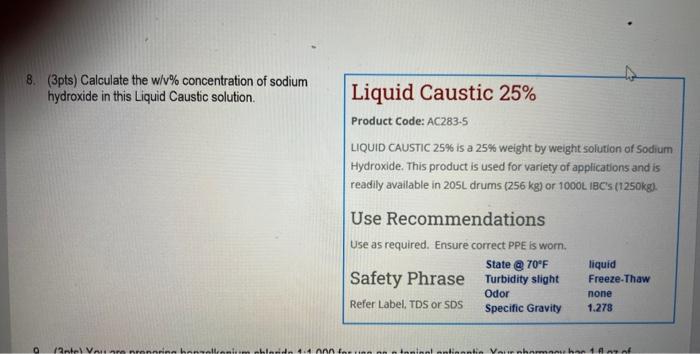 Solved 8. (3pts) Calculate the w/v\% concentration of sodium | Chegg.com