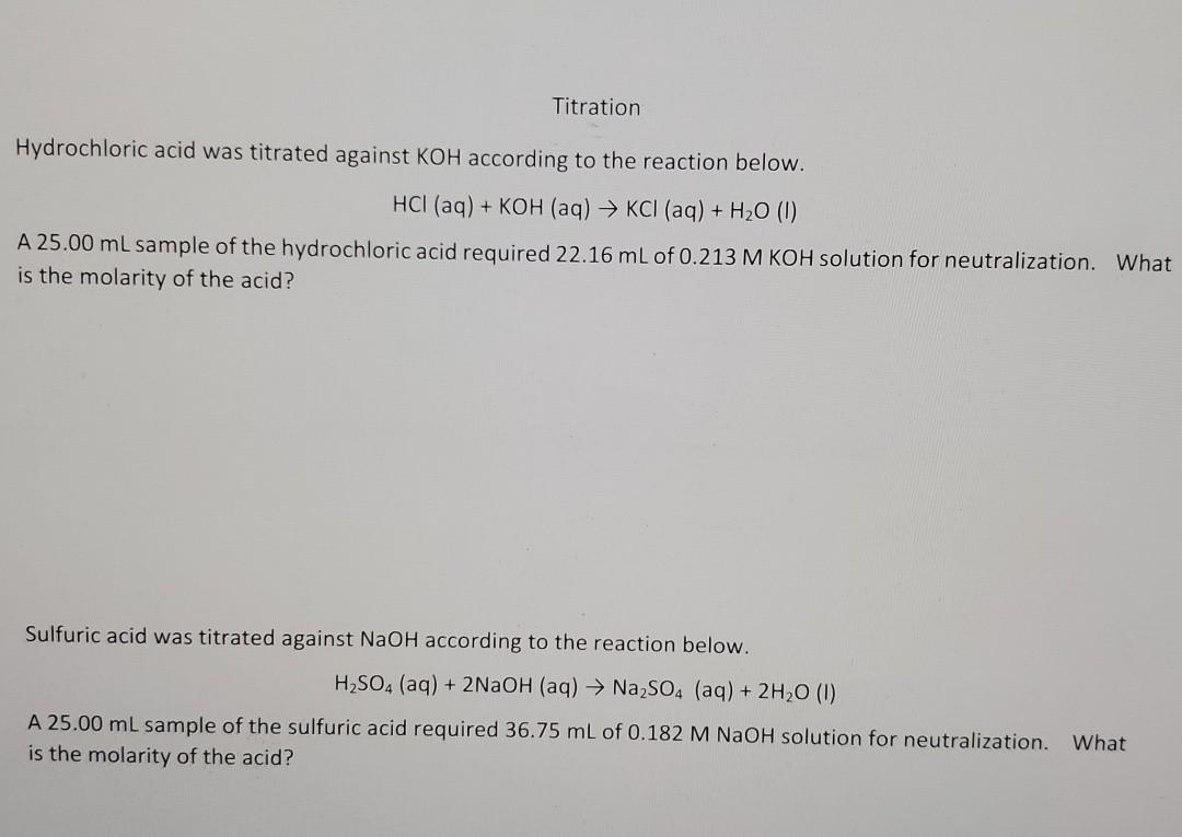 Solved Titration Hydrochloric acid was titrated against KOH | Chegg.com
