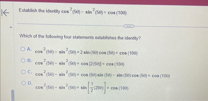 Solved Establish the identity cos2(5θ)−sin2(5θ)=cos(10θ). | Chegg.com