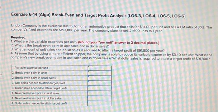 Solved Exercise 6-14 (Algo) Break-Even and Target Profit | Chegg.com